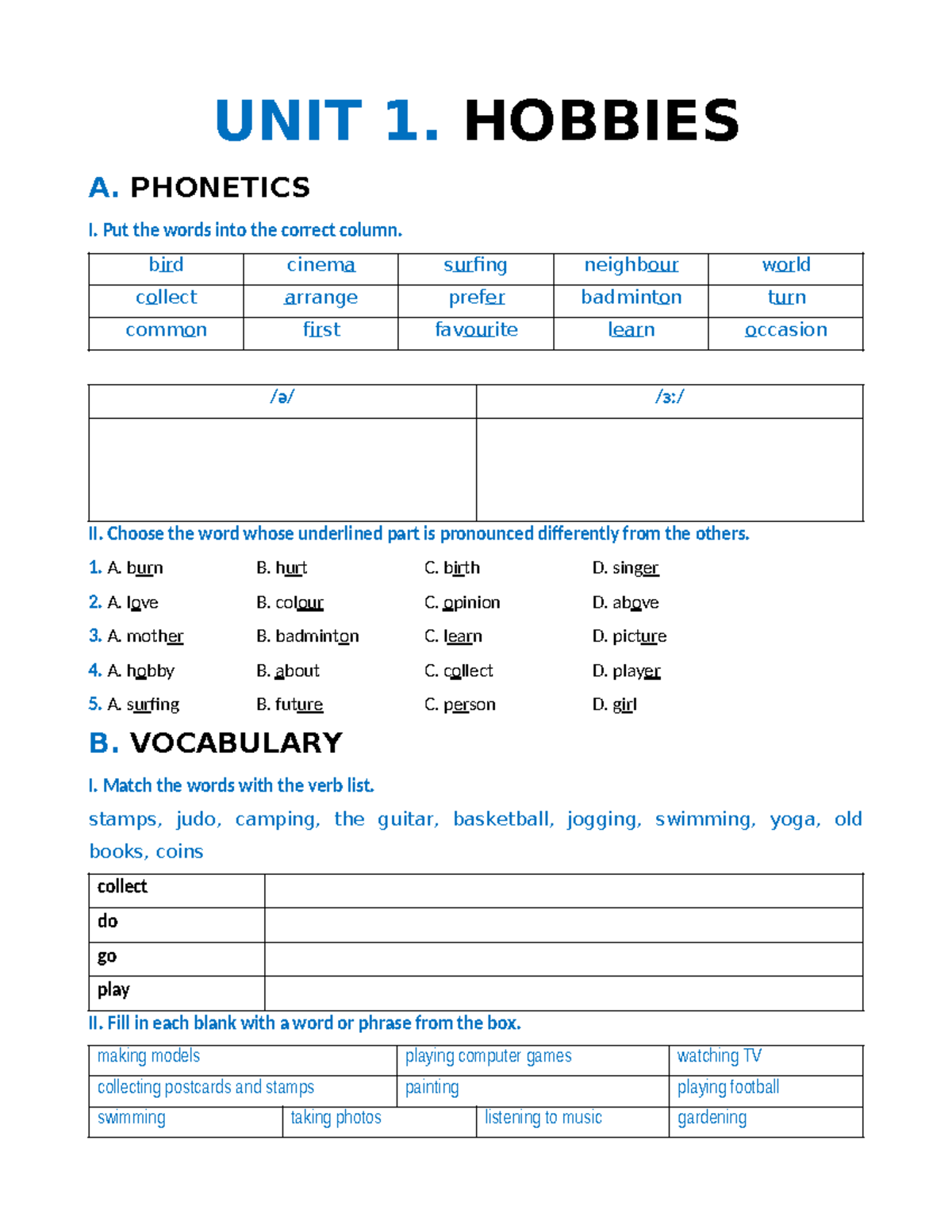 UNIT 1. Hobbies - Phonetics & Vocabulary Exercises for Anh 7 - Studocu
