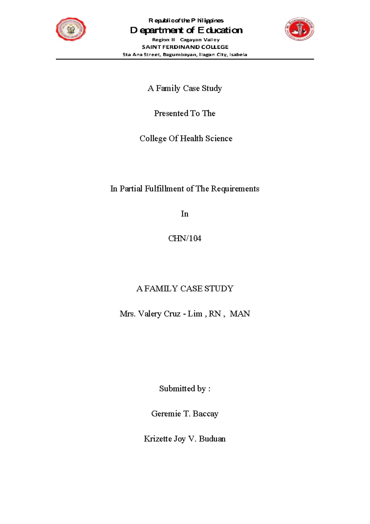 Family Case Study in Community Health Nursing CHN/ - Studocu