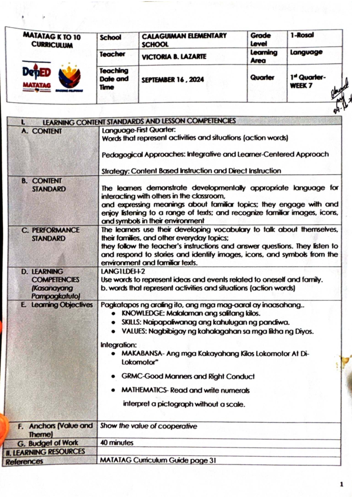 DLP for Grade 1 Mathematics: Week 7 Lesson Plan - Studocu