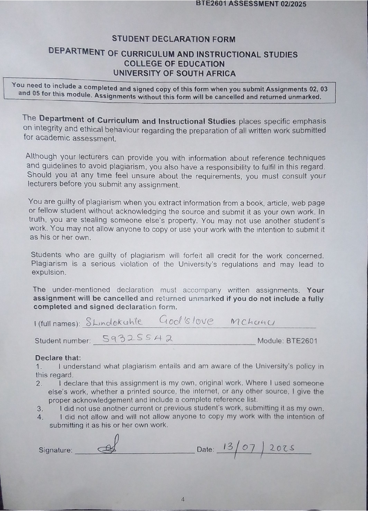 BTE2601 Assessment Declaration Form & Academic Integrity Guidelines ...