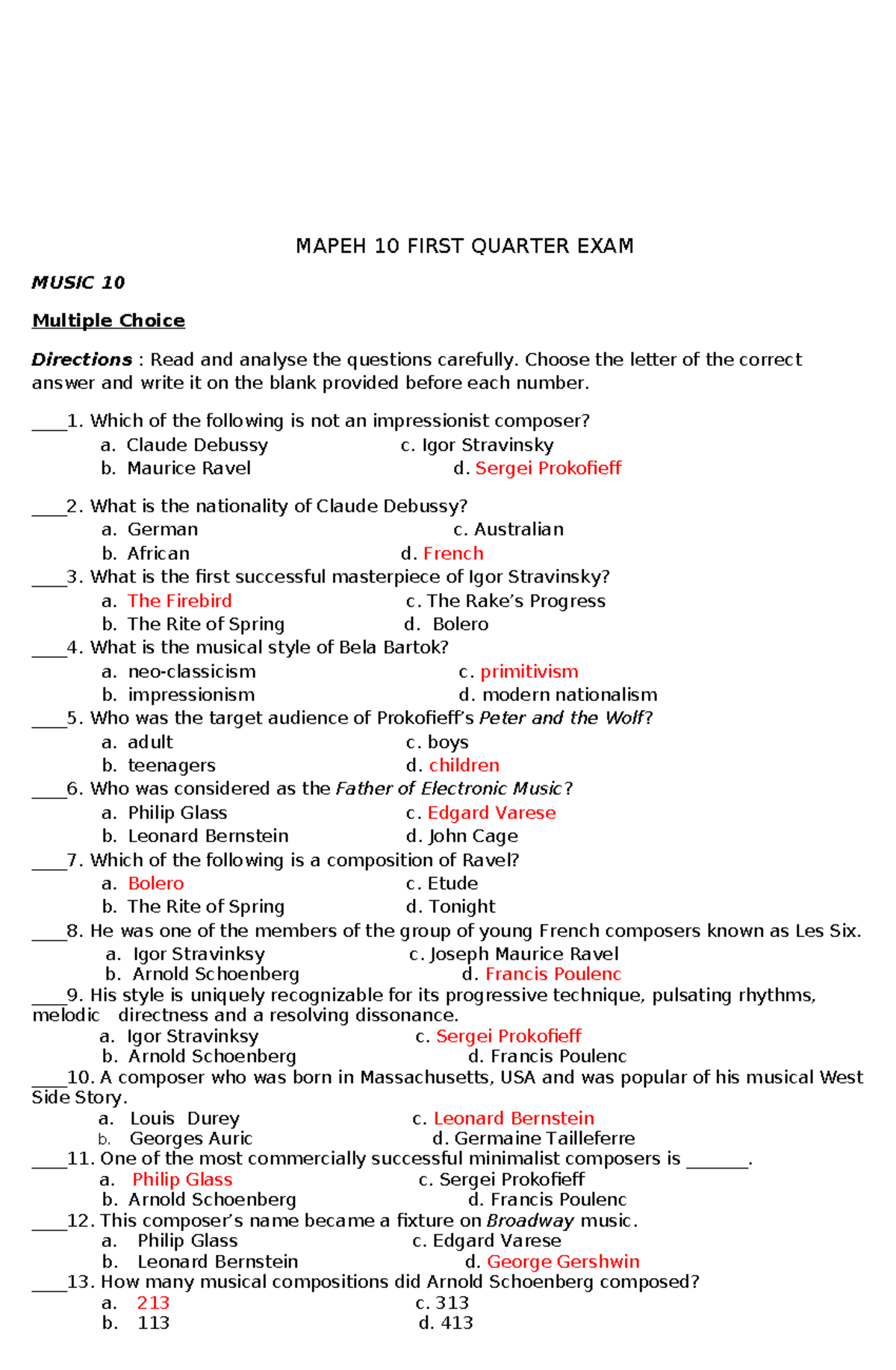 MAPEH 10 First Quarter Exam - Lecture Notes for Music and Arts - Studocu