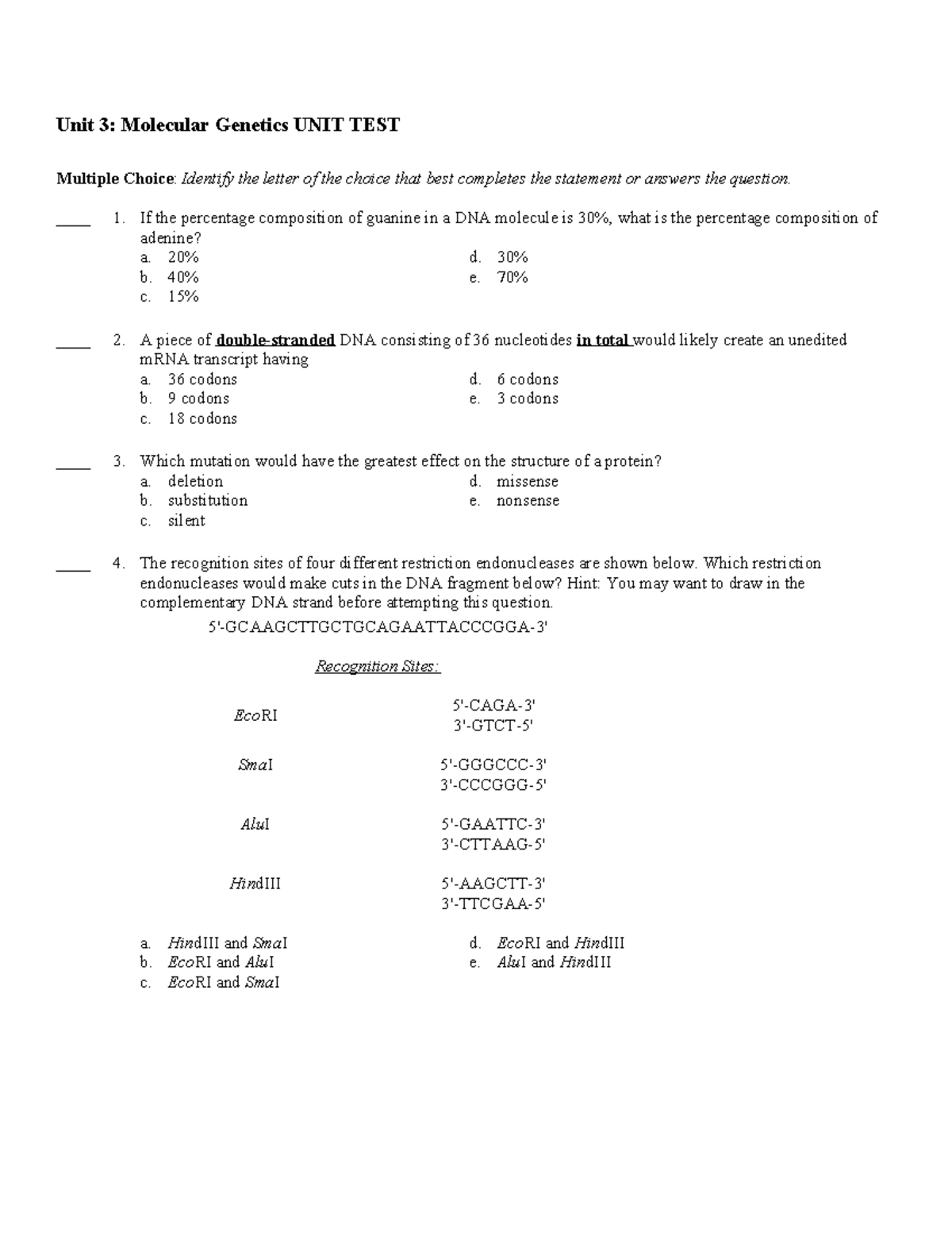Genetics Mock Unit Test: Unit 3 Molecular Genetics MC & Short Answers ...