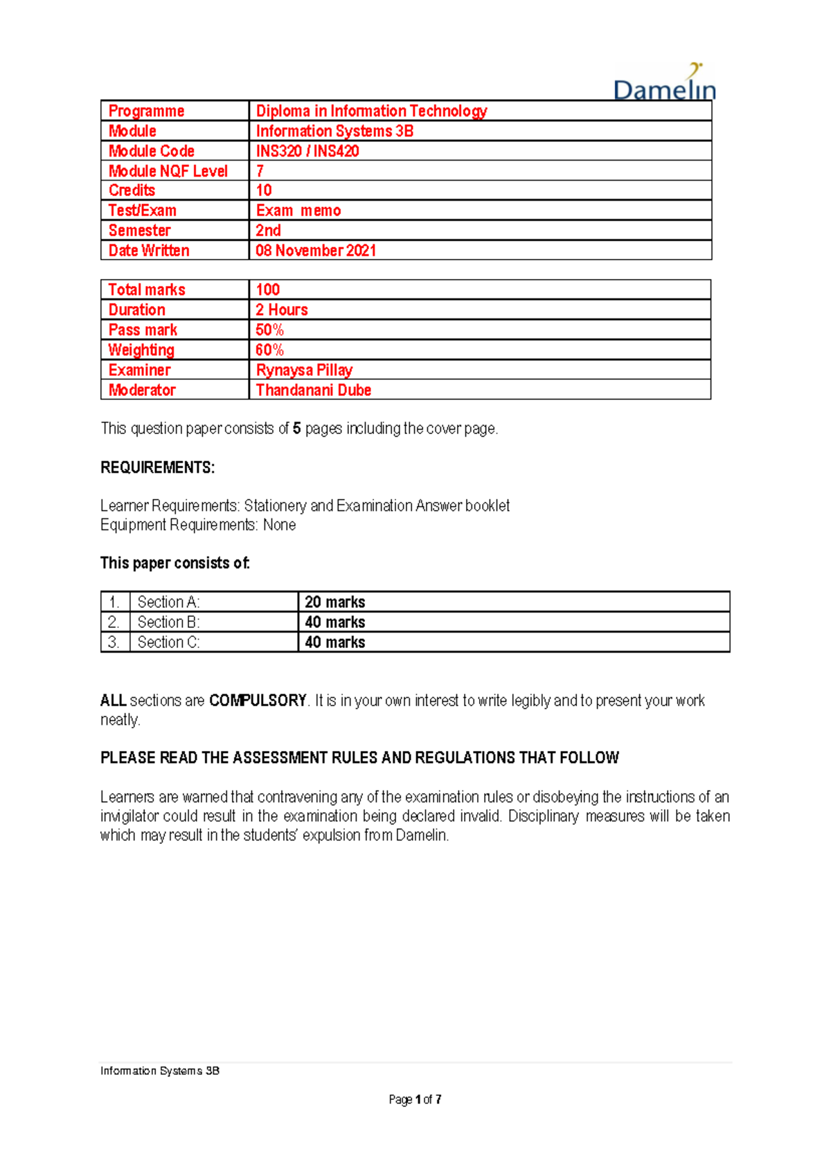 Information System 3B Exam Memo - Information Systems 3B Programme ...