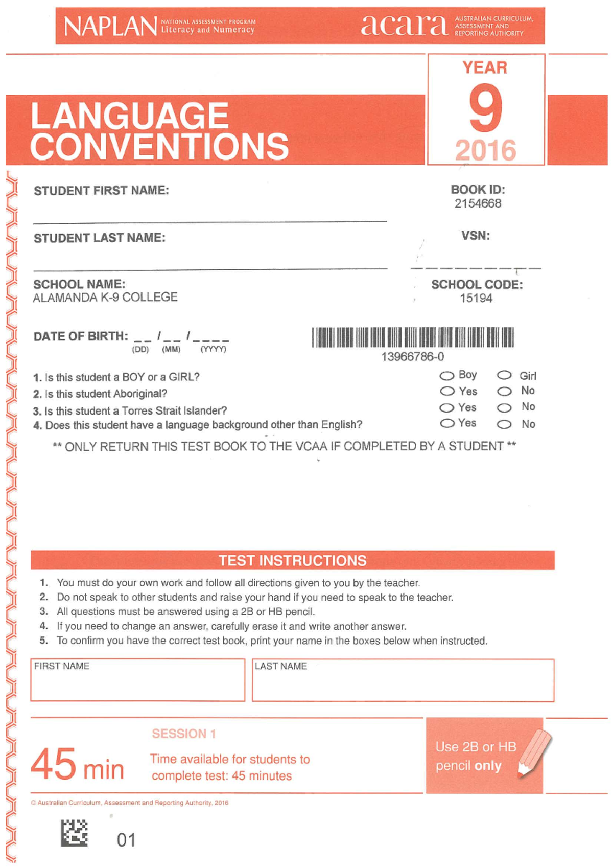 2016 NAPLAN Year 9 Language Conventions Test Paper - Studocu