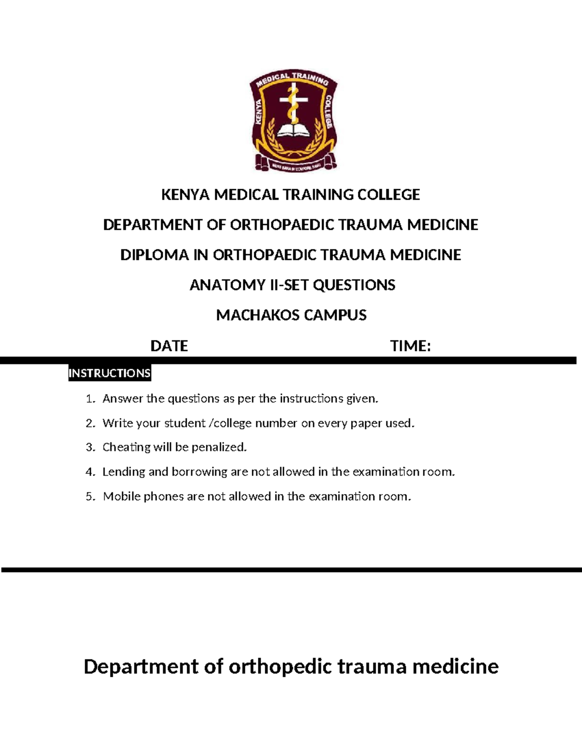 Anatomy II Questions - Diploma in Orthopaedic Trauma Medicine - Studocu