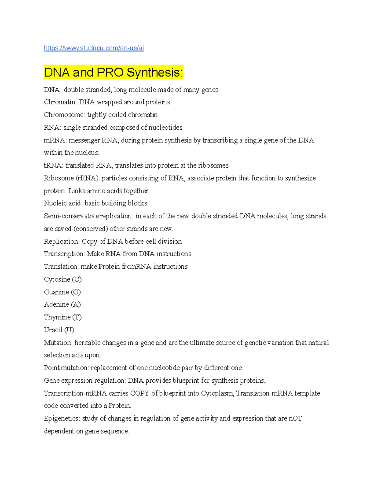 DNA and Protein Synthesis Overview - Studocu