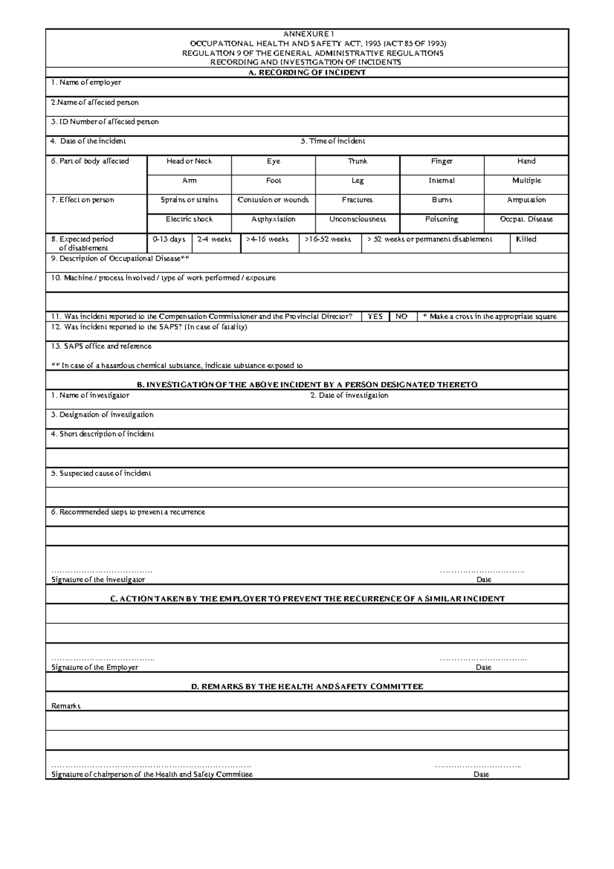 Annexure 1: Reporting & Investigation of Occupational Incidents - Studocu