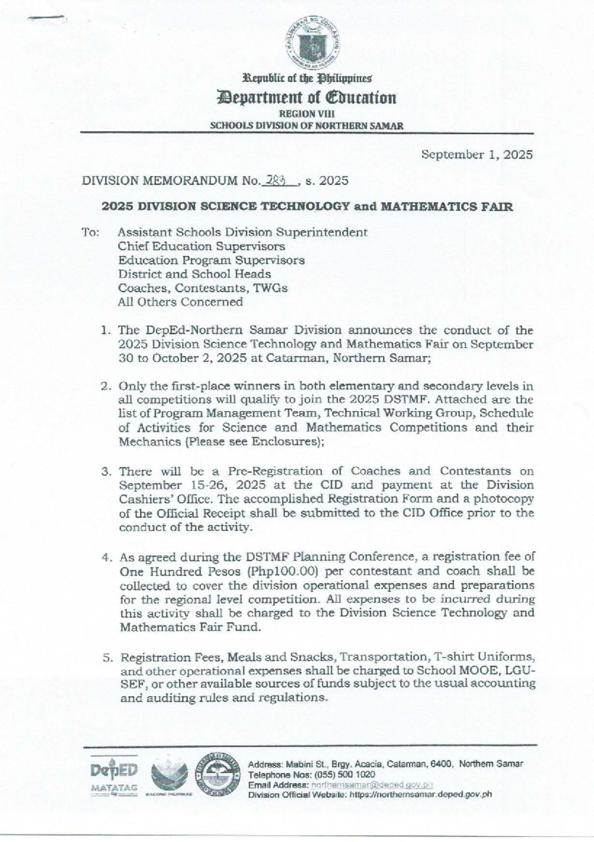 DM 283 S. 2025: Guidelines for the Division Science & Math Fair - Studocu