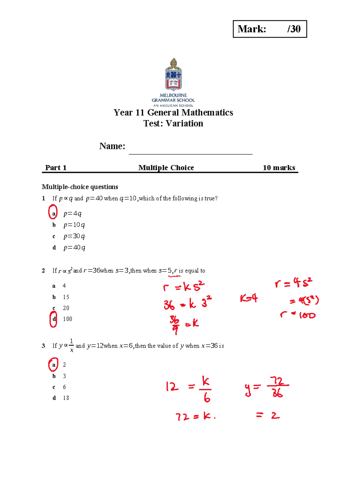 Year 11 General Mathematics Test (2025): Variation & Solutions - Studocu