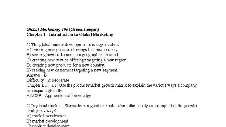 Global Marketing, 10e Test Bank: Chapter 1 Insights and Strategies ...