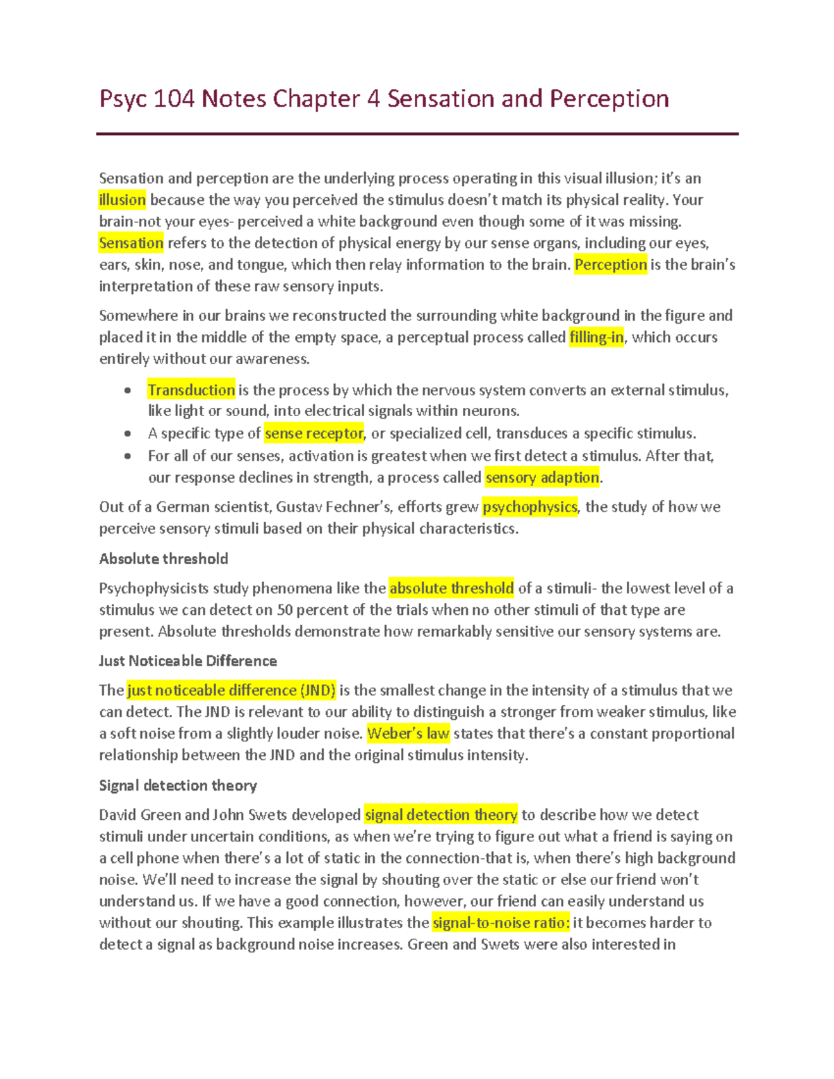 Intro Psychology 104 notes Chapter 4 - Psyc 104 Notes Chapter 4 ...