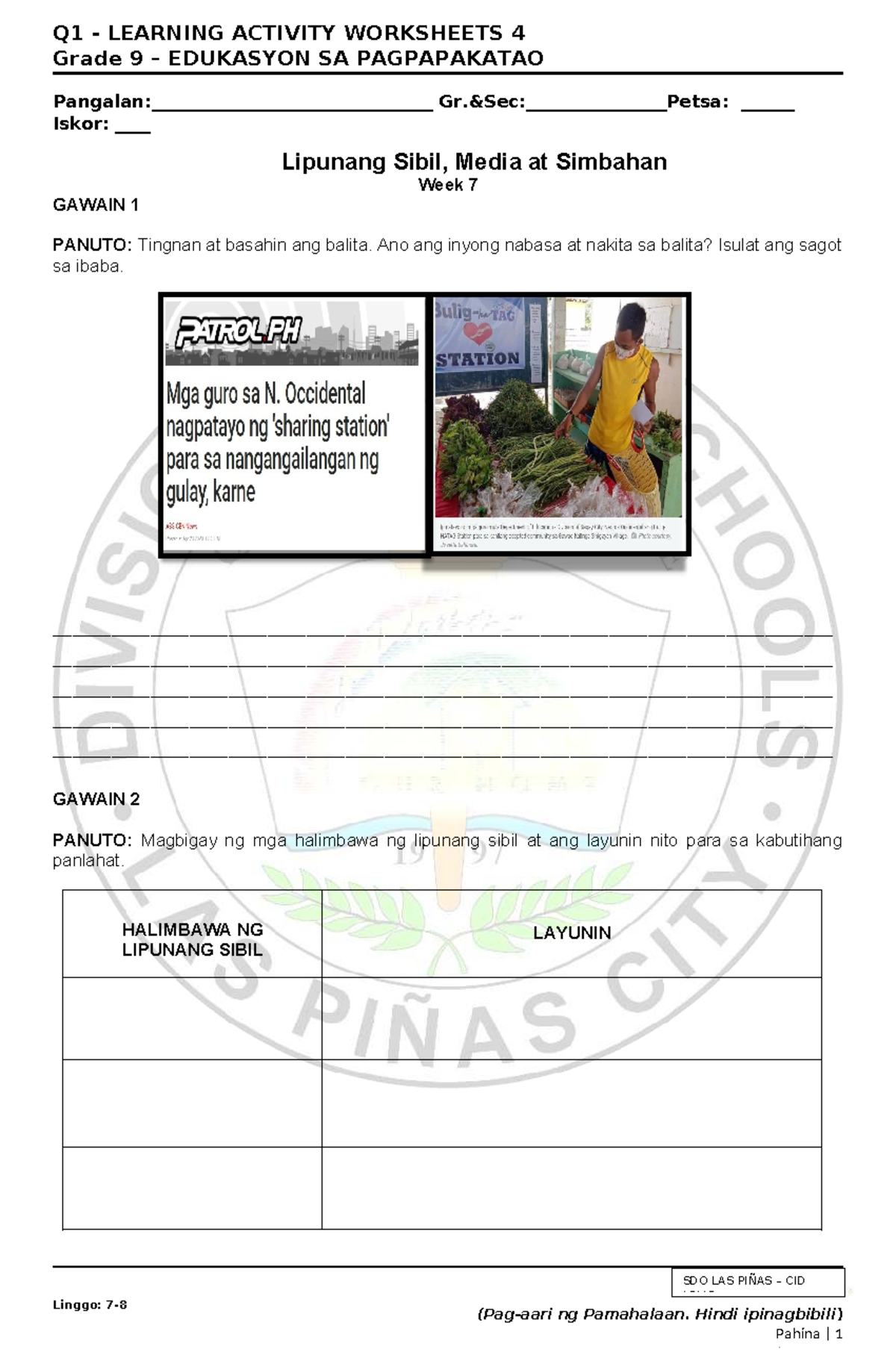 Q1 G9 ESP LAW 4 - Edukasyon sa Pagpapakatao Worksheets - Studocu