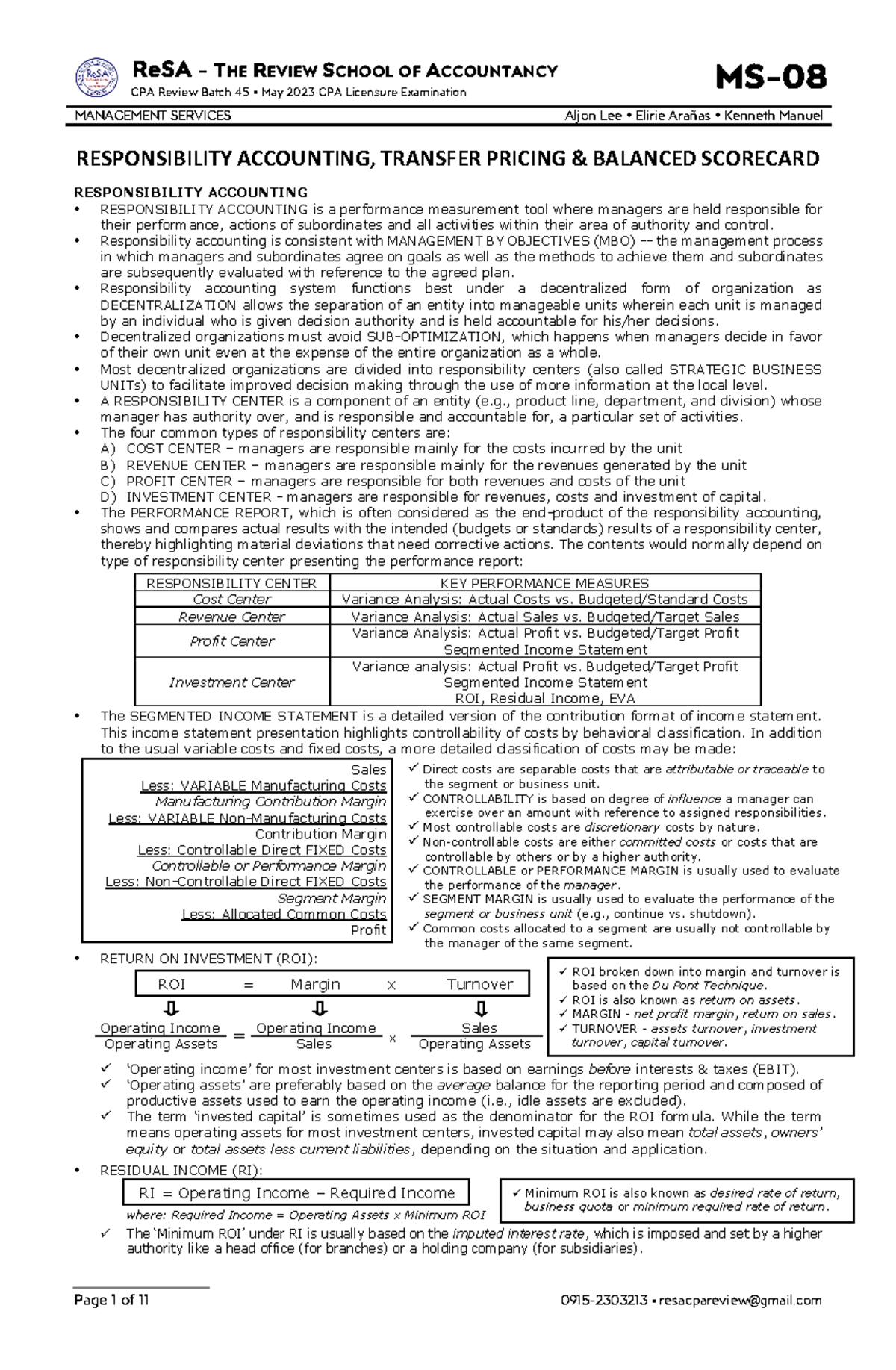 MS-08 Final Exam: Responsibility Accounting, Transfer Pricing ...