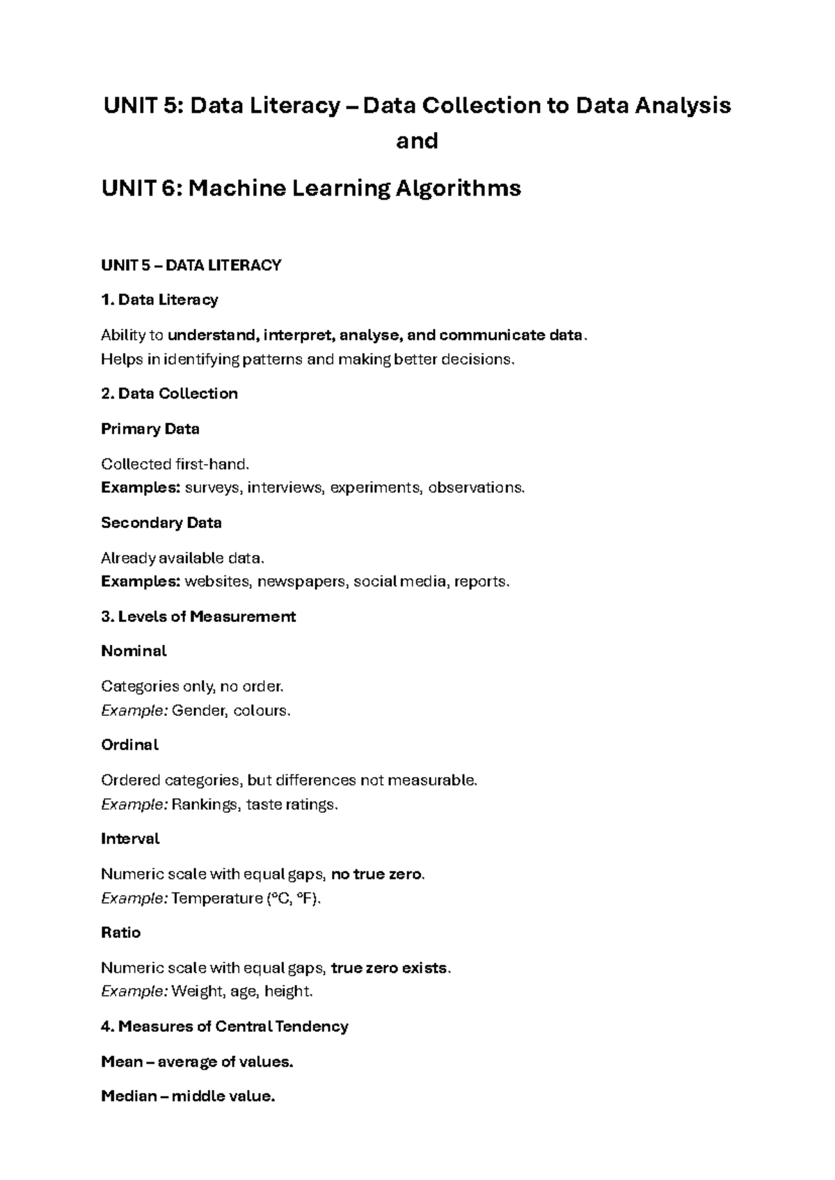 UNIT 5 & 6: Data Literacy and Machine Learning Concepts - Studocu
