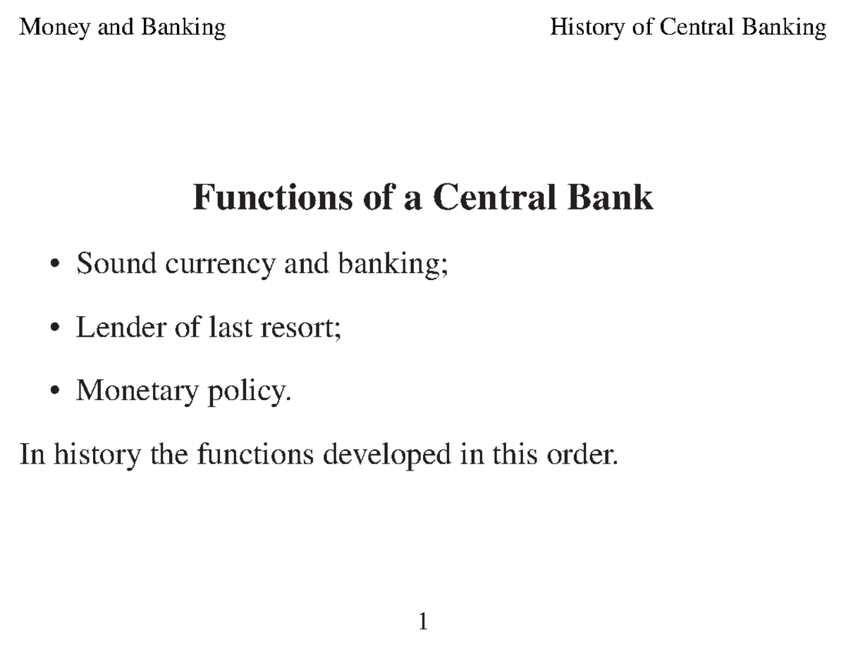 History of Central Banking Functions and Monetary Policy - Studocu