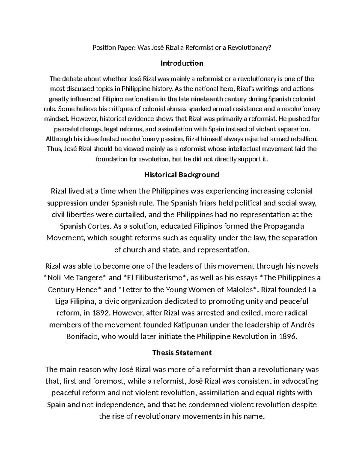 Position Paper: José Rizal as a Reformist vs. Revolutionary - Studocu