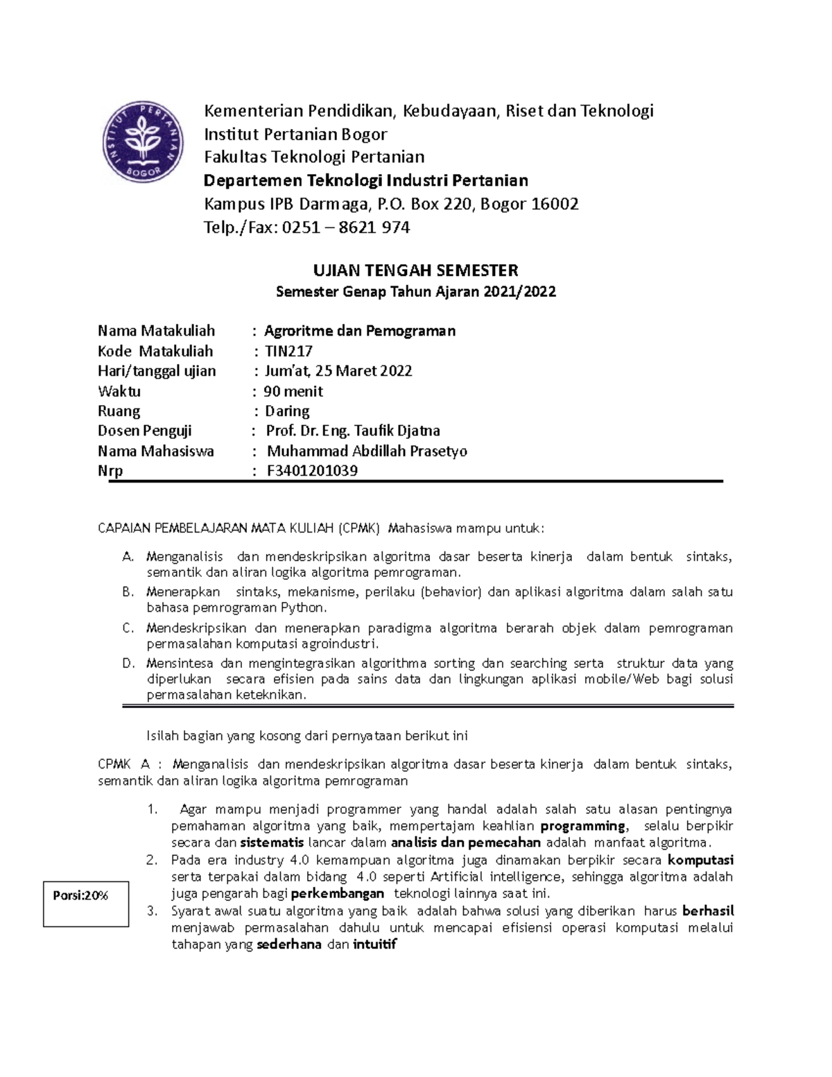 Tin217 Uts Algoritme Dan Pemrograman Komputer Semester Genap 2021