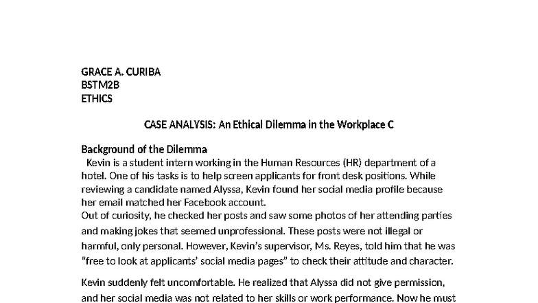 BSTM2B ETHICS CASE STUDY: Navigating Workplace Dilemmas - Studocu
