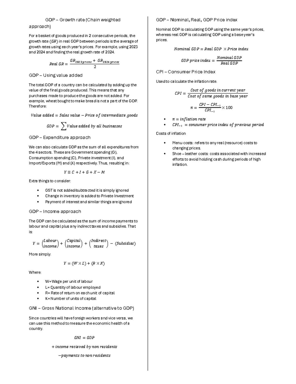 Econ1102 Final Exam Cheat Sheet: Essential GDP & Labor Market Formulas ...