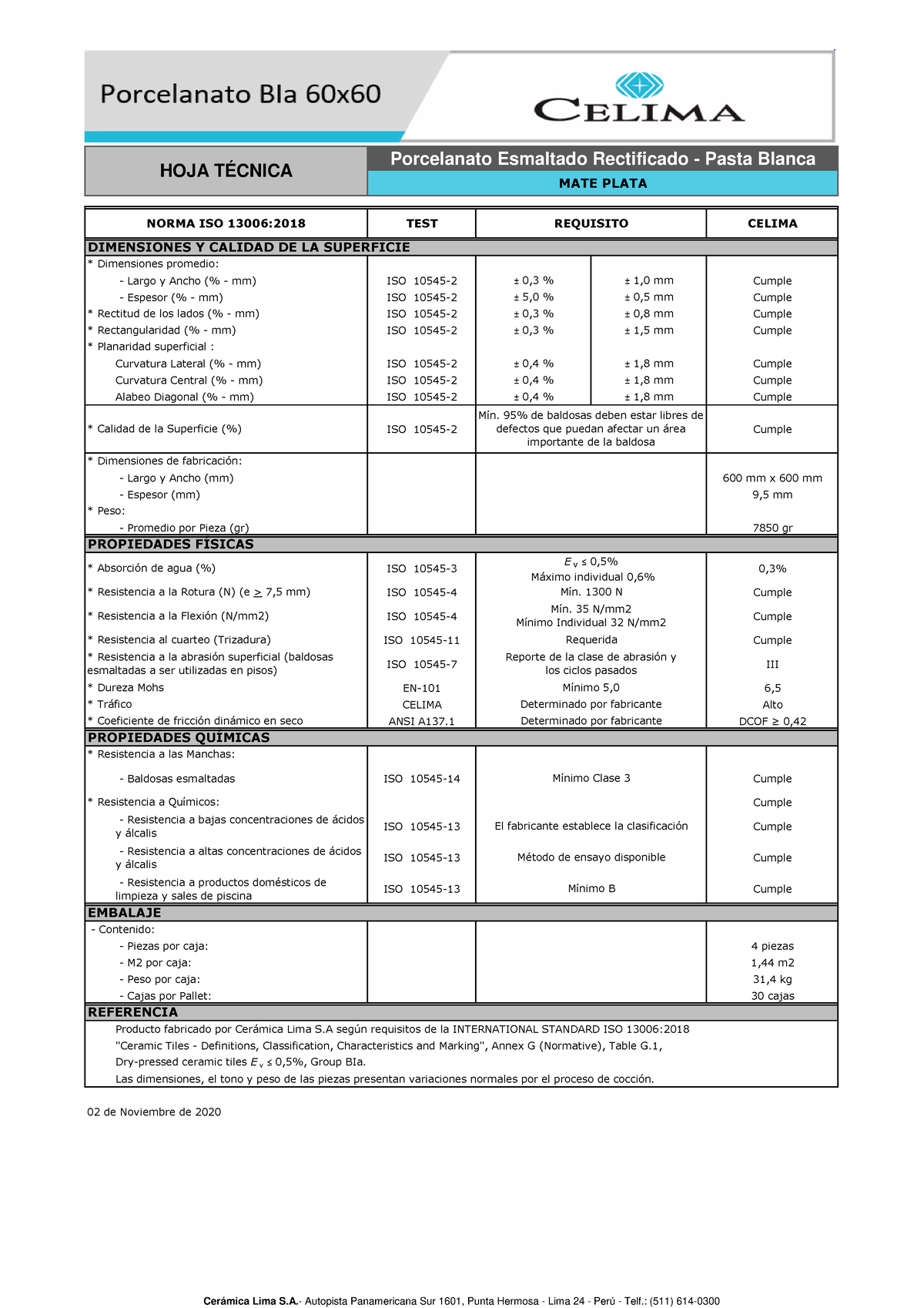 Ficha Técnica de Material: Porcelanato Esmaltado Celima ISO 13006 - Studocu
