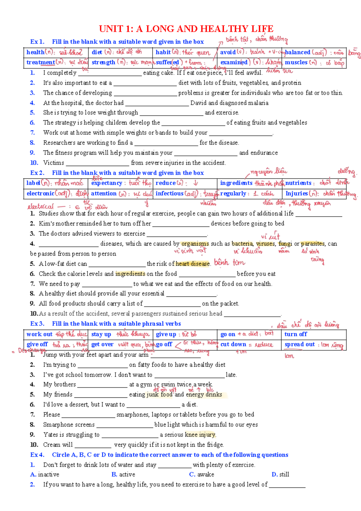 UNIT 1.2 - G11 - Exercises on Healthy Living and Habits - Studocu