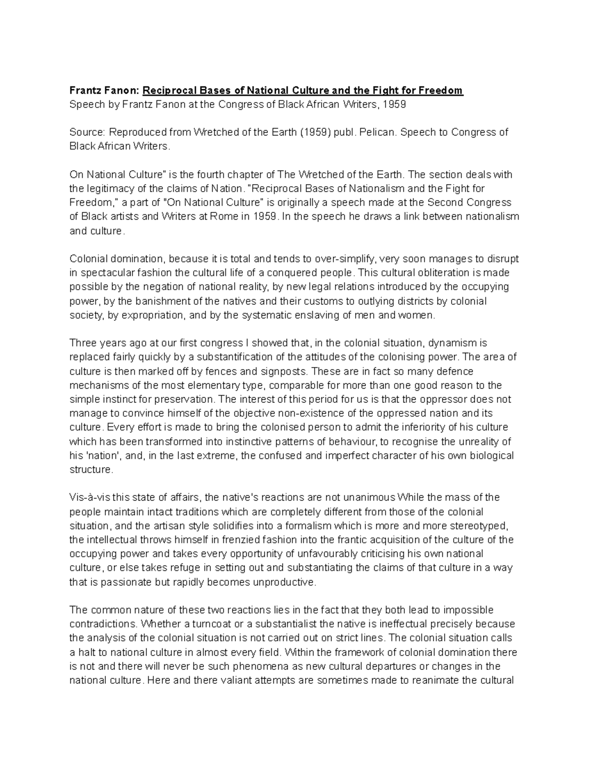 Frantz Fanon “Reciprocal Bases of National Culture and the Fight for ...