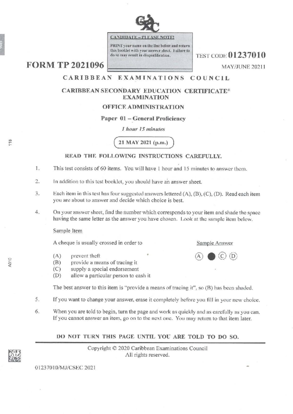 CSEC Office Administration Exam Paper 01 - General Proficiency, June ...