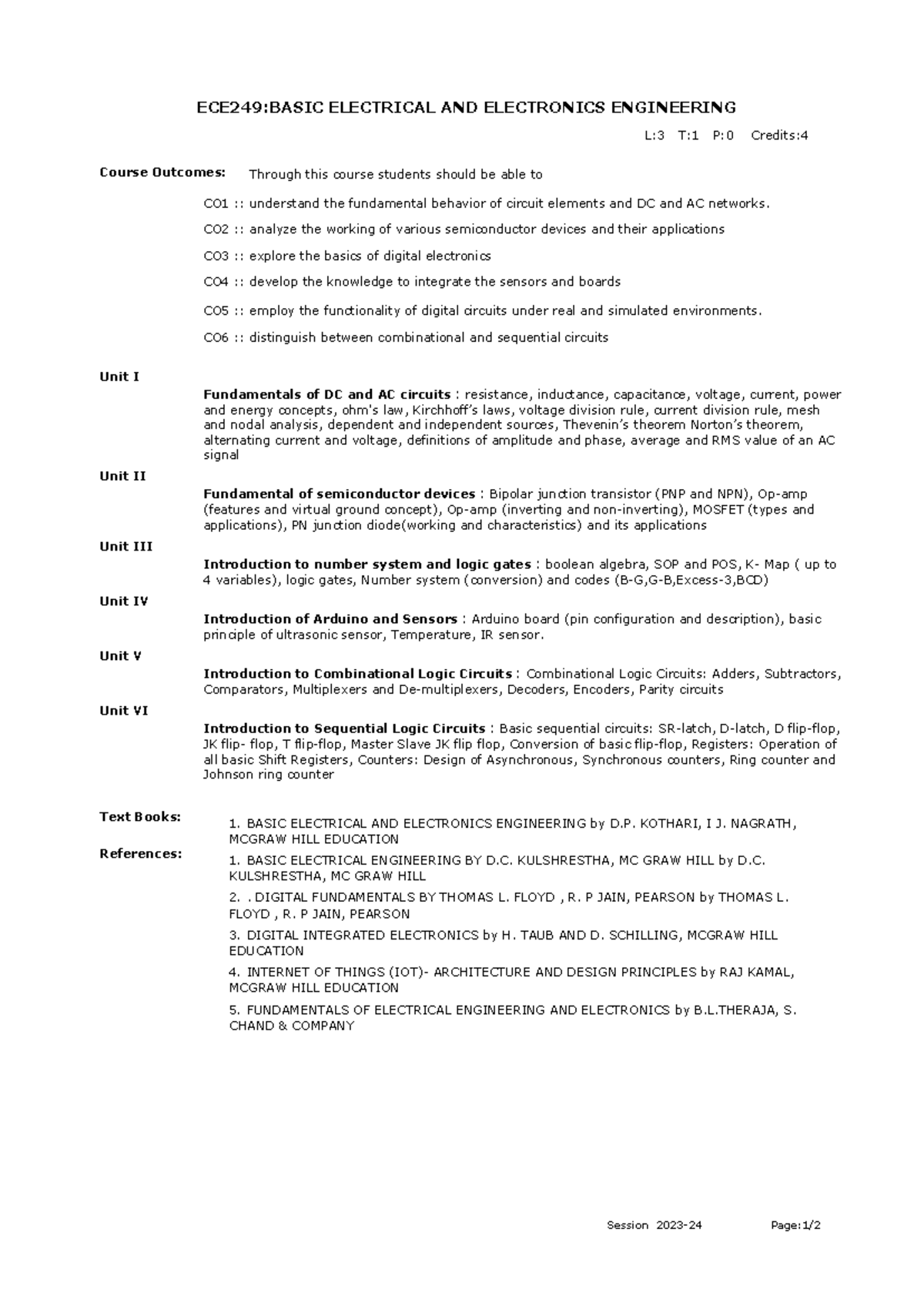 Basic ECE249 Syllabus: Intro to Electrical & Electronics Engg - Studocu