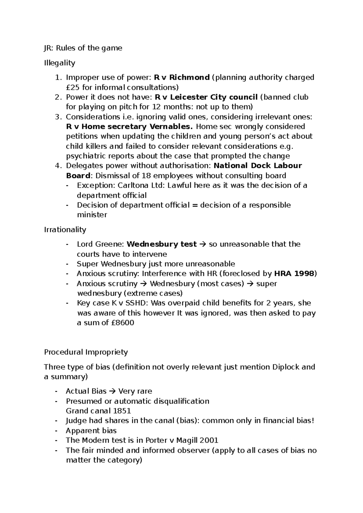 JR: Summary Notes on Judicial Review and Key Cases - Studocu