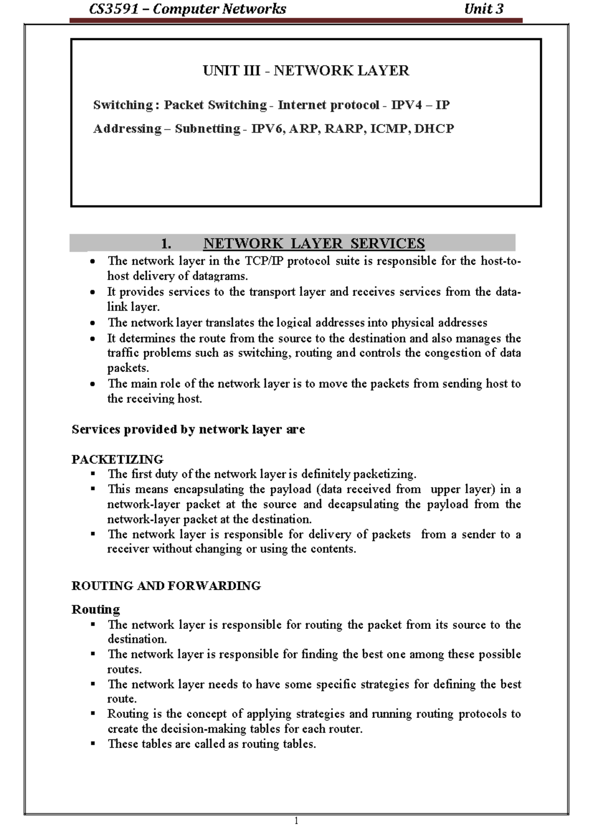 CS3591 Computer Networks Unit 3: Network Layer & Packet Switching ...