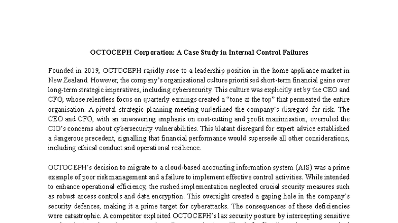 WK10 Case Study: Internal Control Failures at OCTOCEPH Corp - Studocu