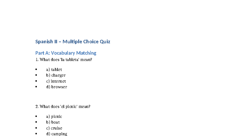 Spanish II Quiz: Vocabulary, Conjugation & Sentence Correction - Studocu