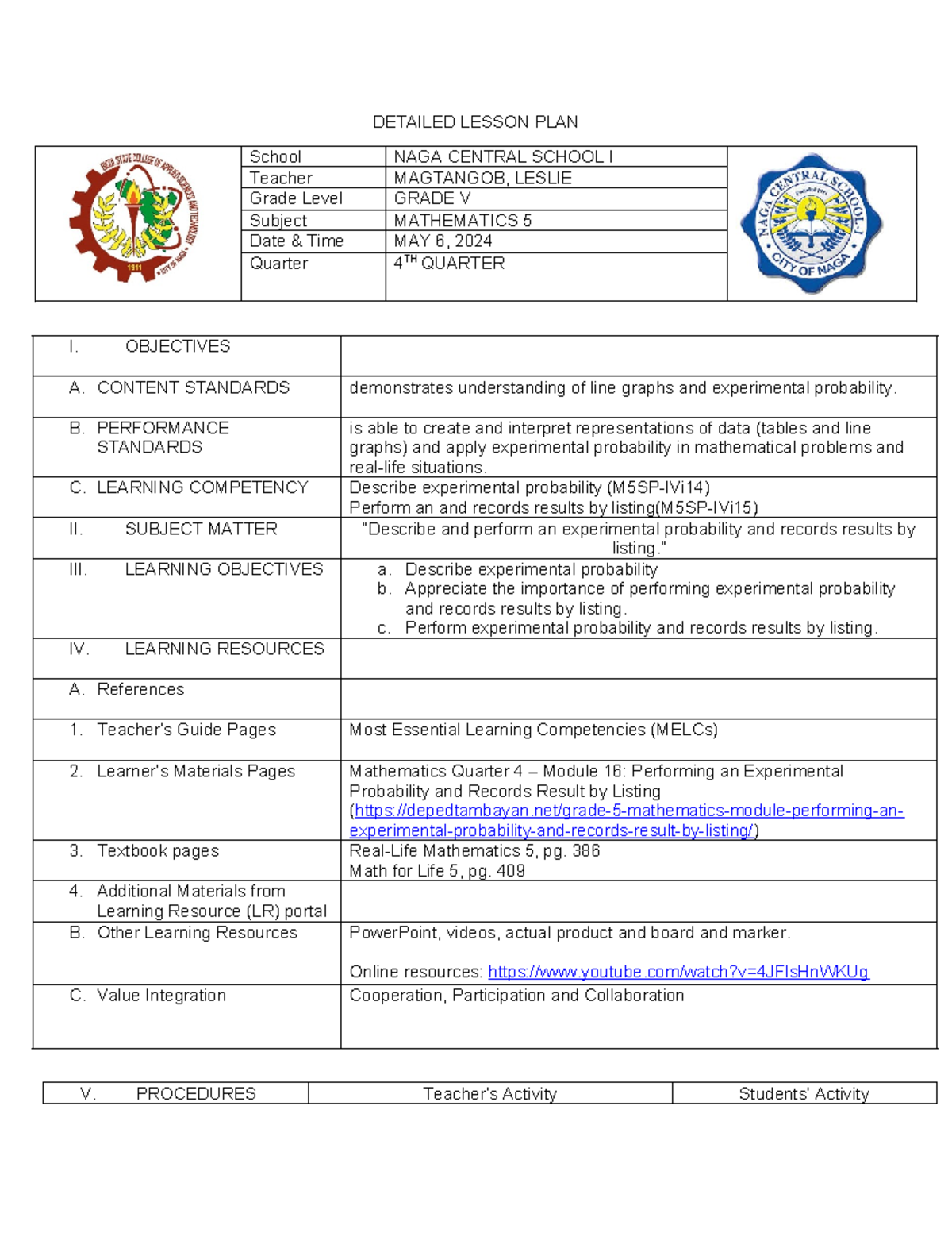 MATH5 Detailed Lesson Plan on Experimental Probability by Magtangob ...