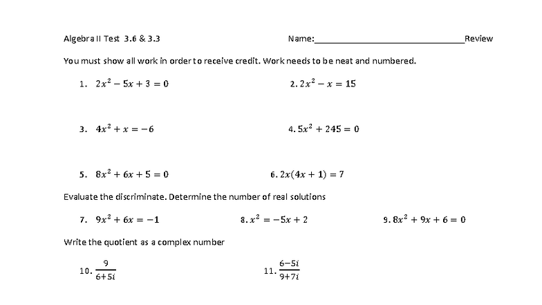 Algebra II Test 3.6: Show All Work for Credit - Studocu