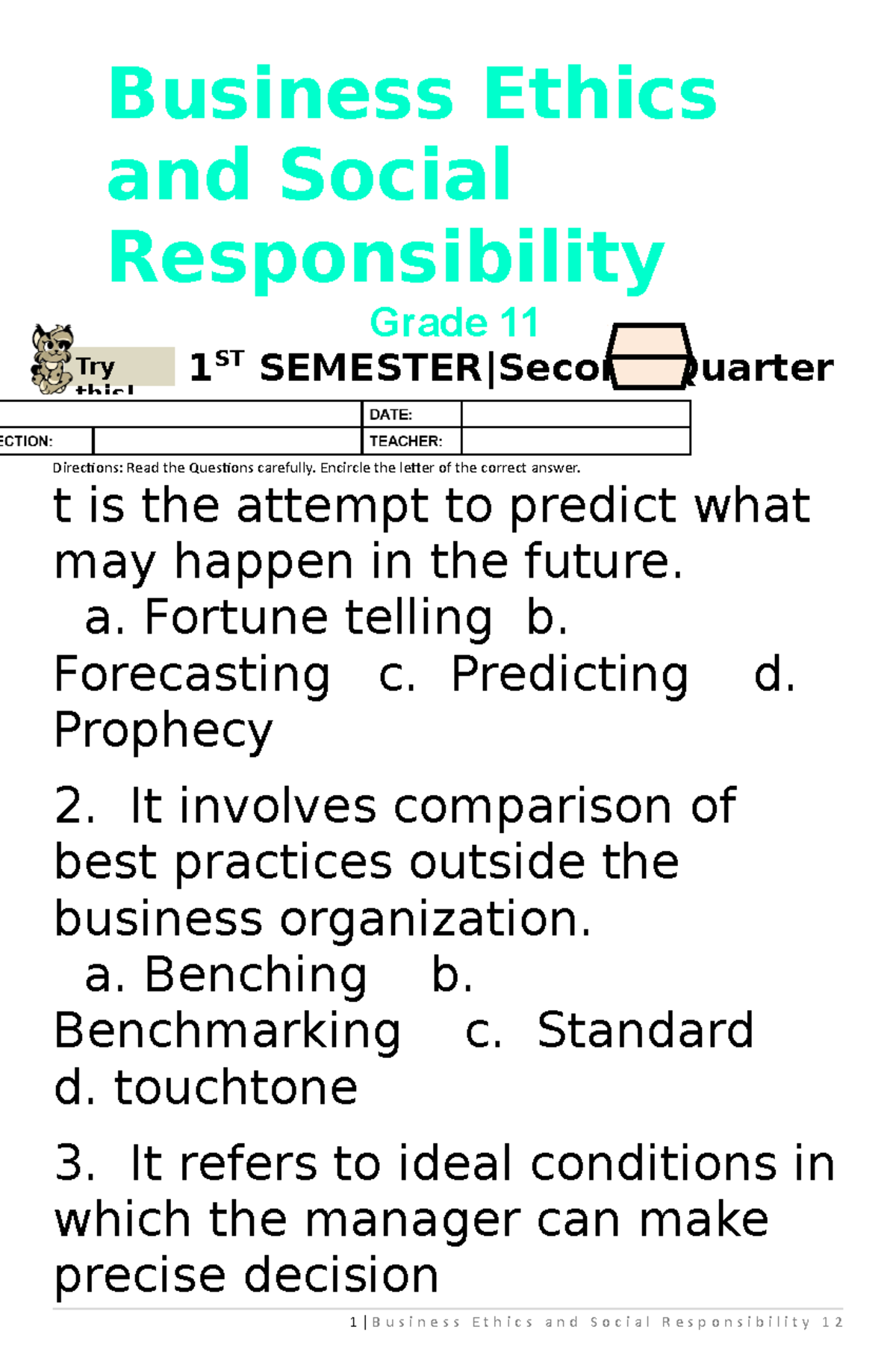 Business Ethics and Social Responsibility Module 2 Grade 11 qtr 2 - Try ...