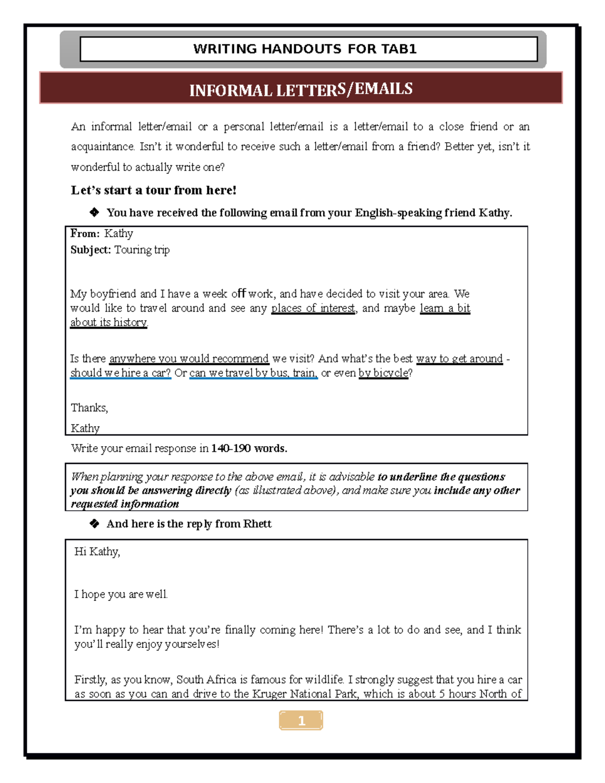 Informal Letters and Emails Writing Guide for English Class - Studocu