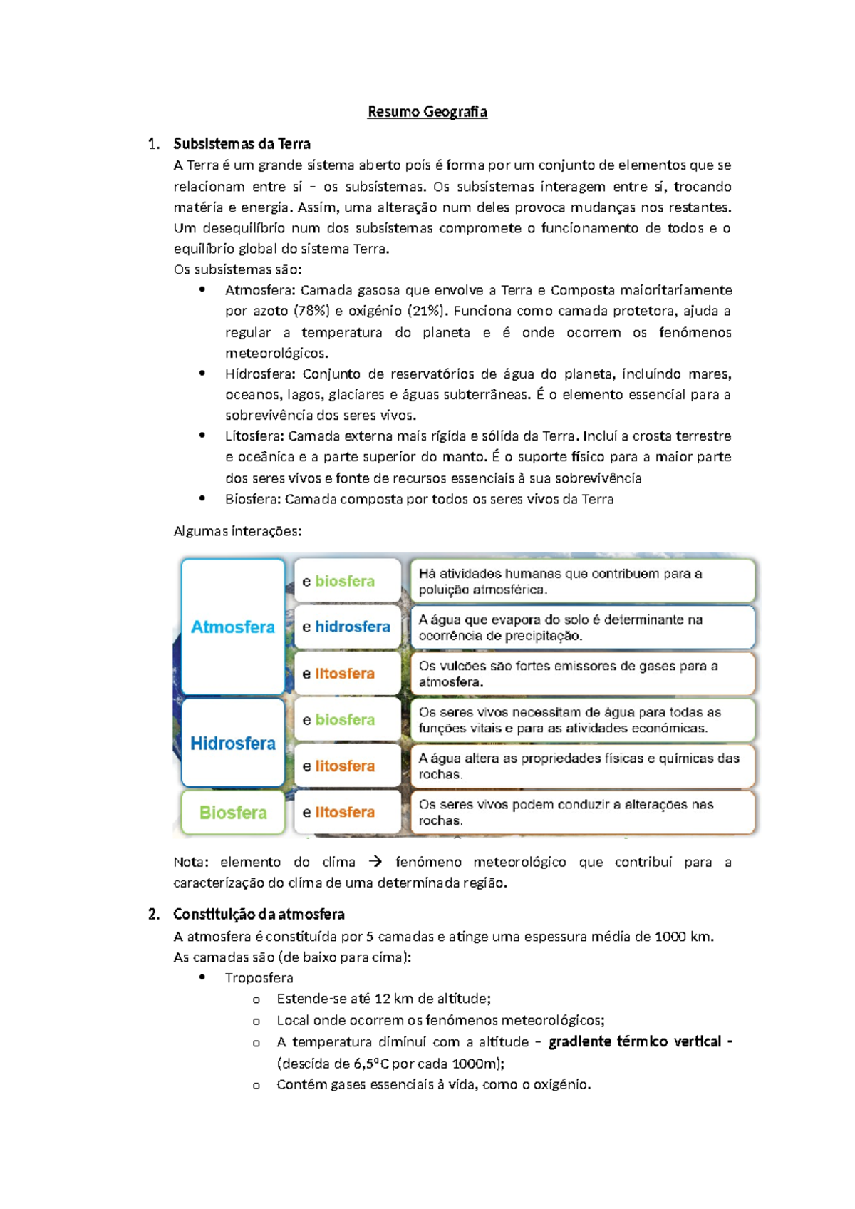 Resumo GEO 1: Subsistemas da Terra e Climas Mundiais - Studocu