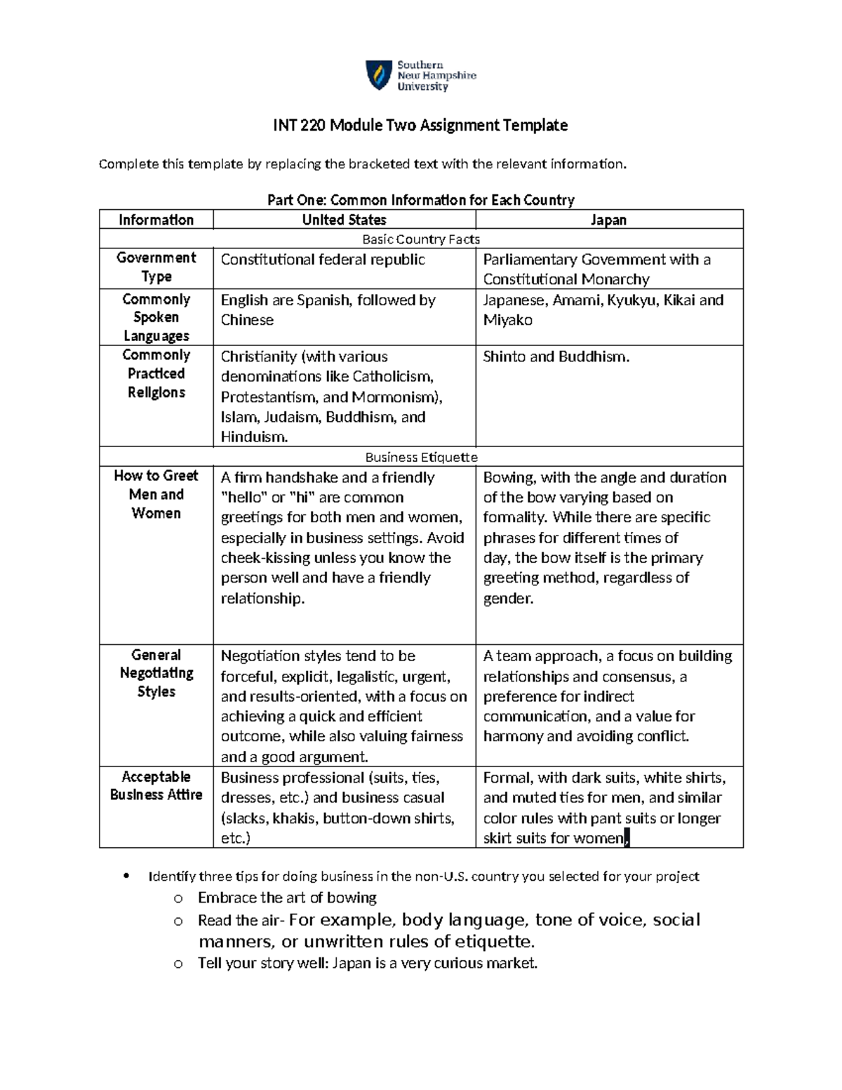 INT 220 Module Two Assignment 2-2 - Part One: Common Information for ...