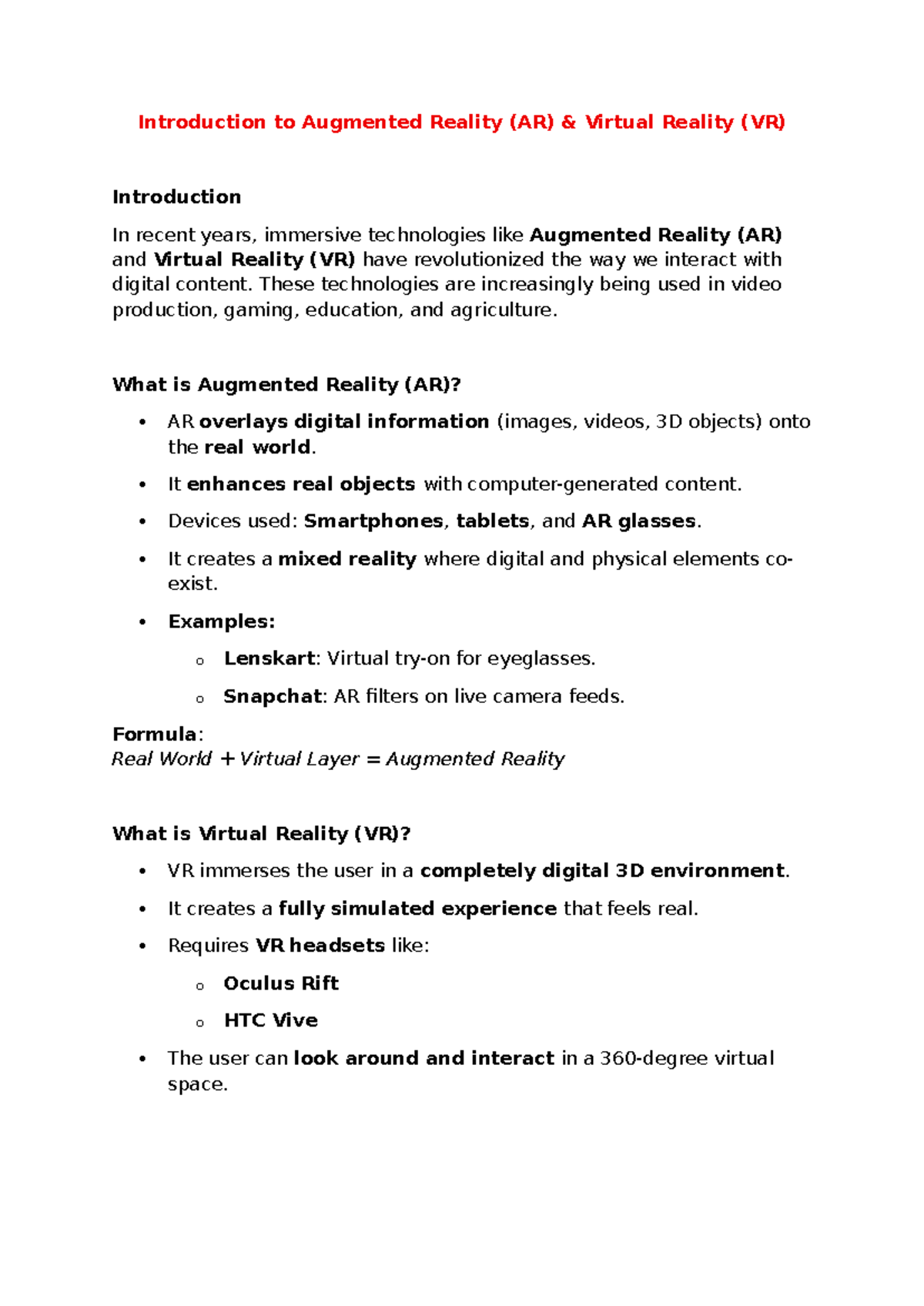 Augmented Reality (AR) & Virtual Reality (VR) Overview and Applications ...