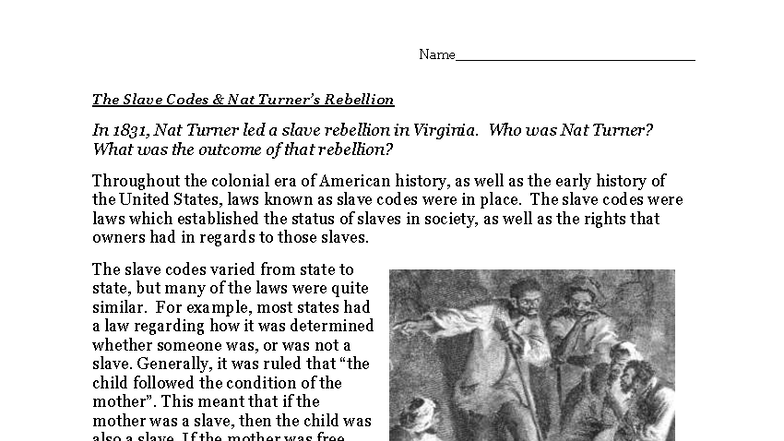 STU-MF 1831 Nat Turner Rebellion & Slave Codes Overview - Studocu