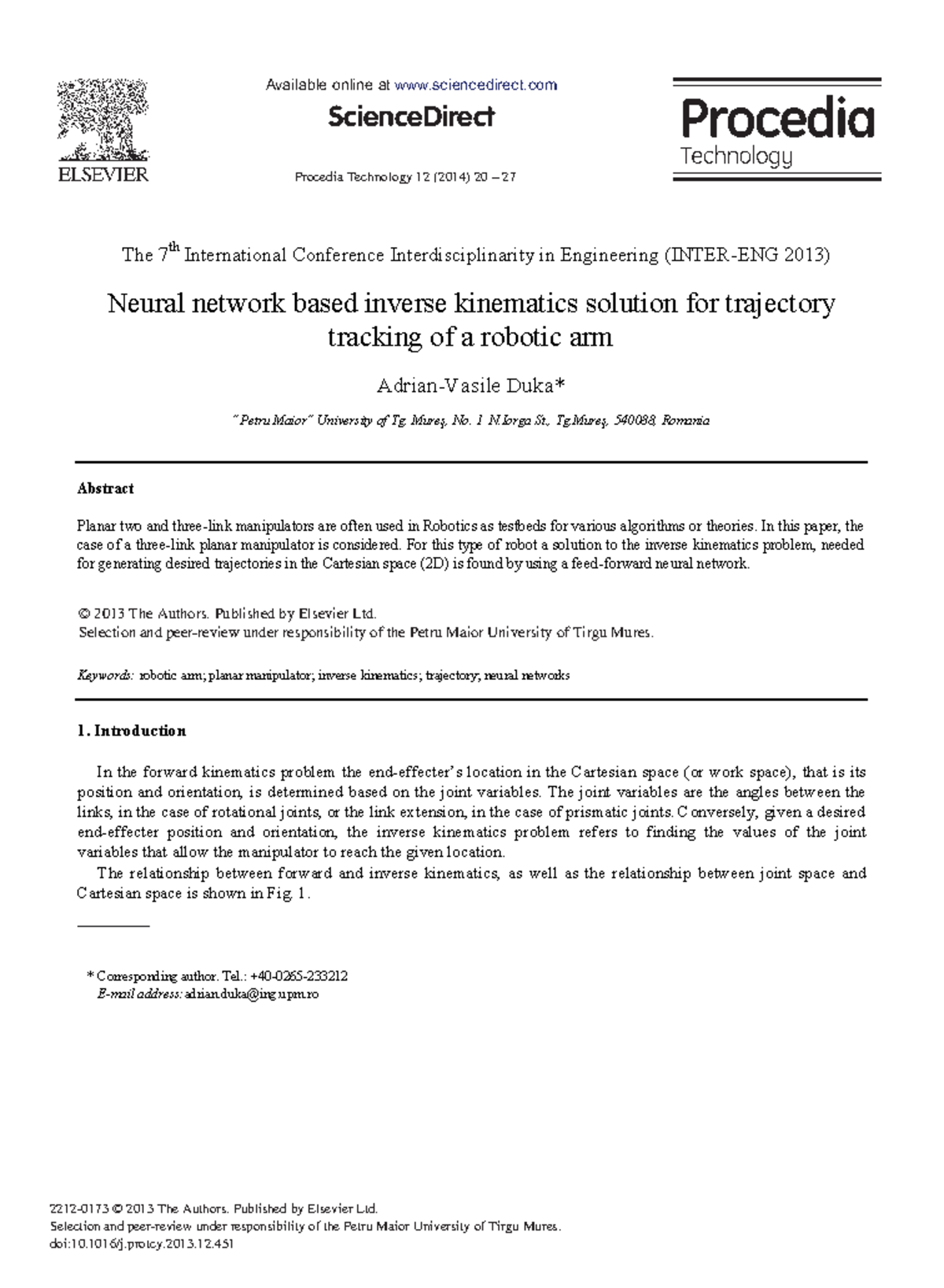 Neural Network based Inverse Kinematics Solution f - Procedia Technology 12 ( 2014 ) 20 – 27 ...