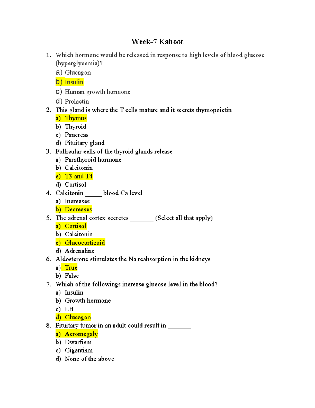 Week 7 Kahoot Quiz on Hormones and Endocrine System - Studocu