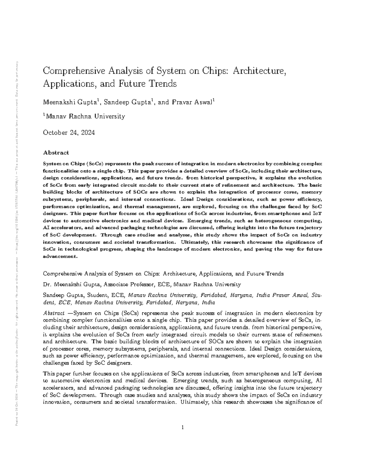 Comprehensive Study of SoCs: Architecture, Applications & Trends (ECE ...