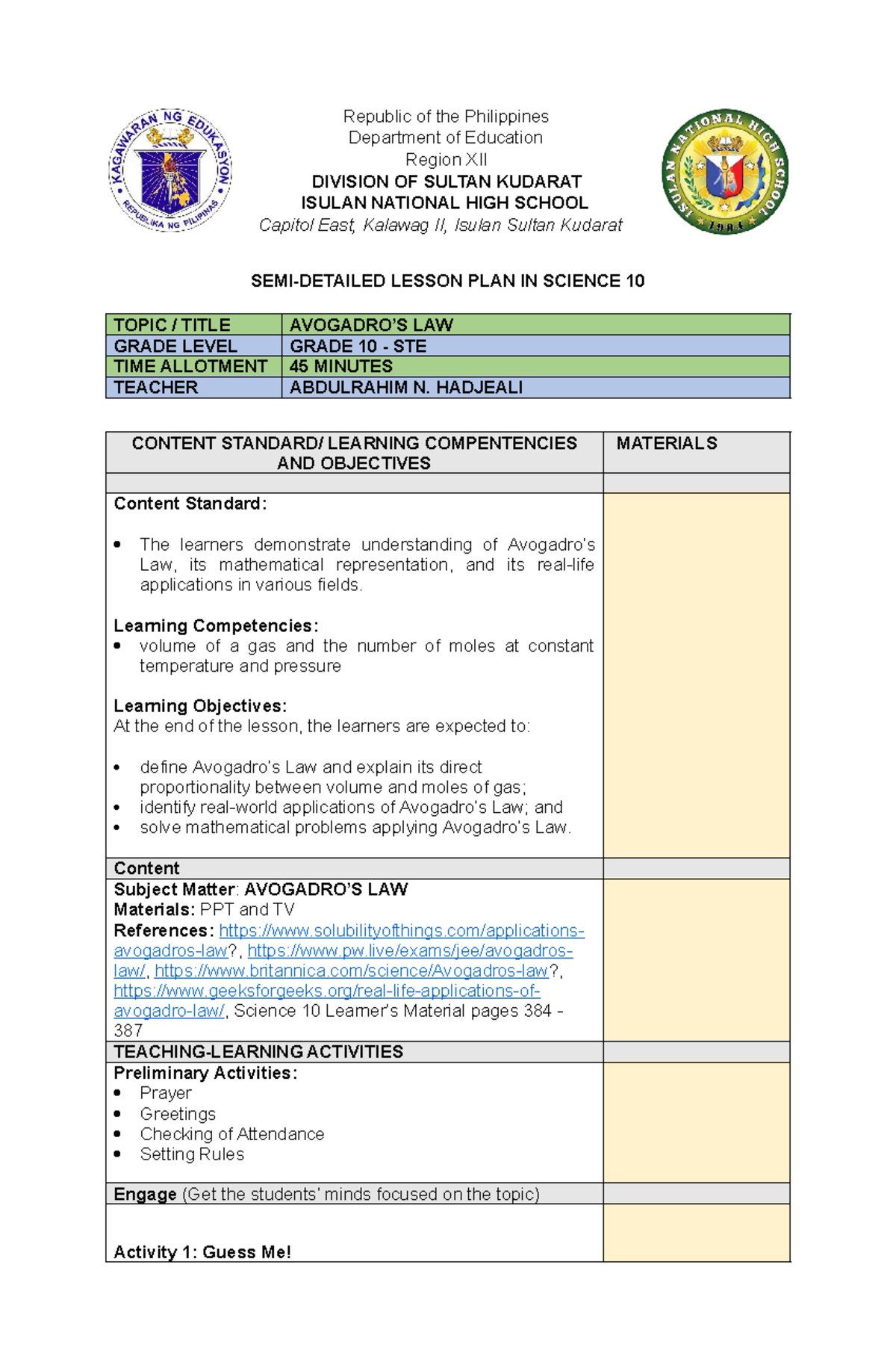 Science 10 Lesson Plan: Understanding Gas Laws and Proportionality ...