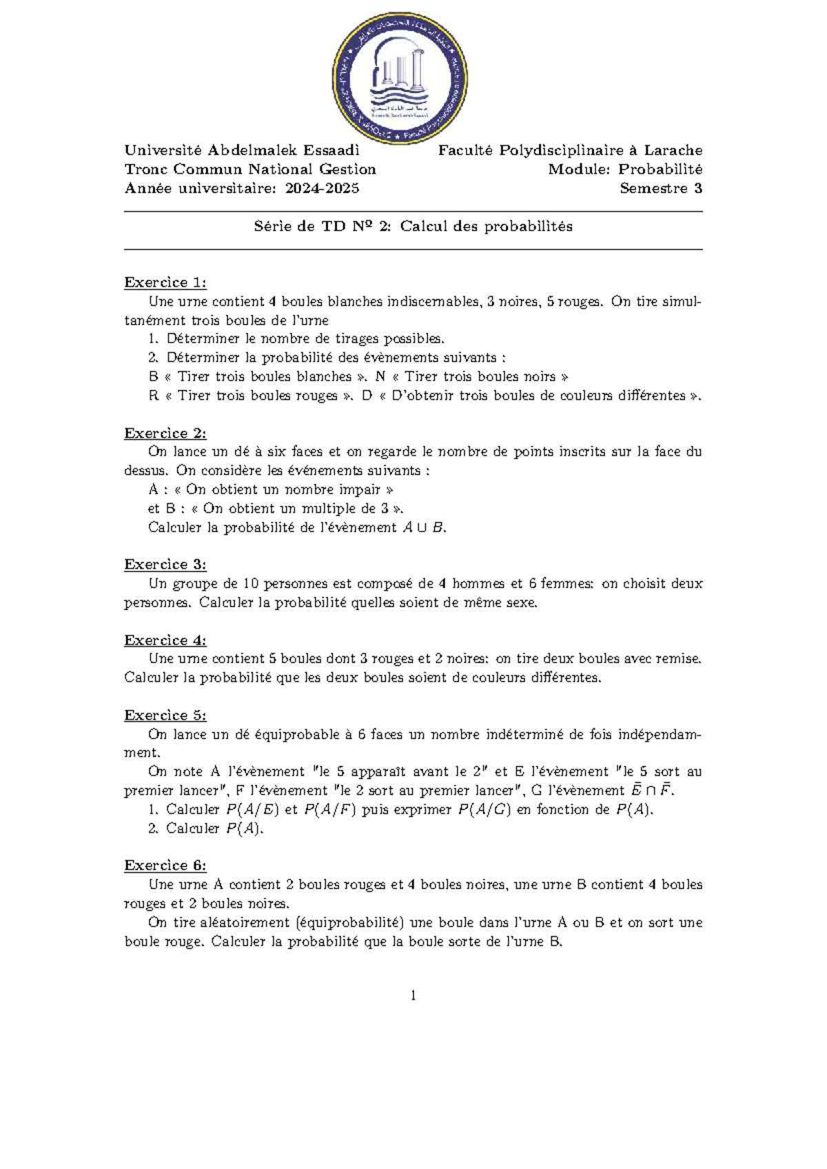 Série de TD Nº 2: Calcul des Probabilités - Proba S3 SEG - Studocu