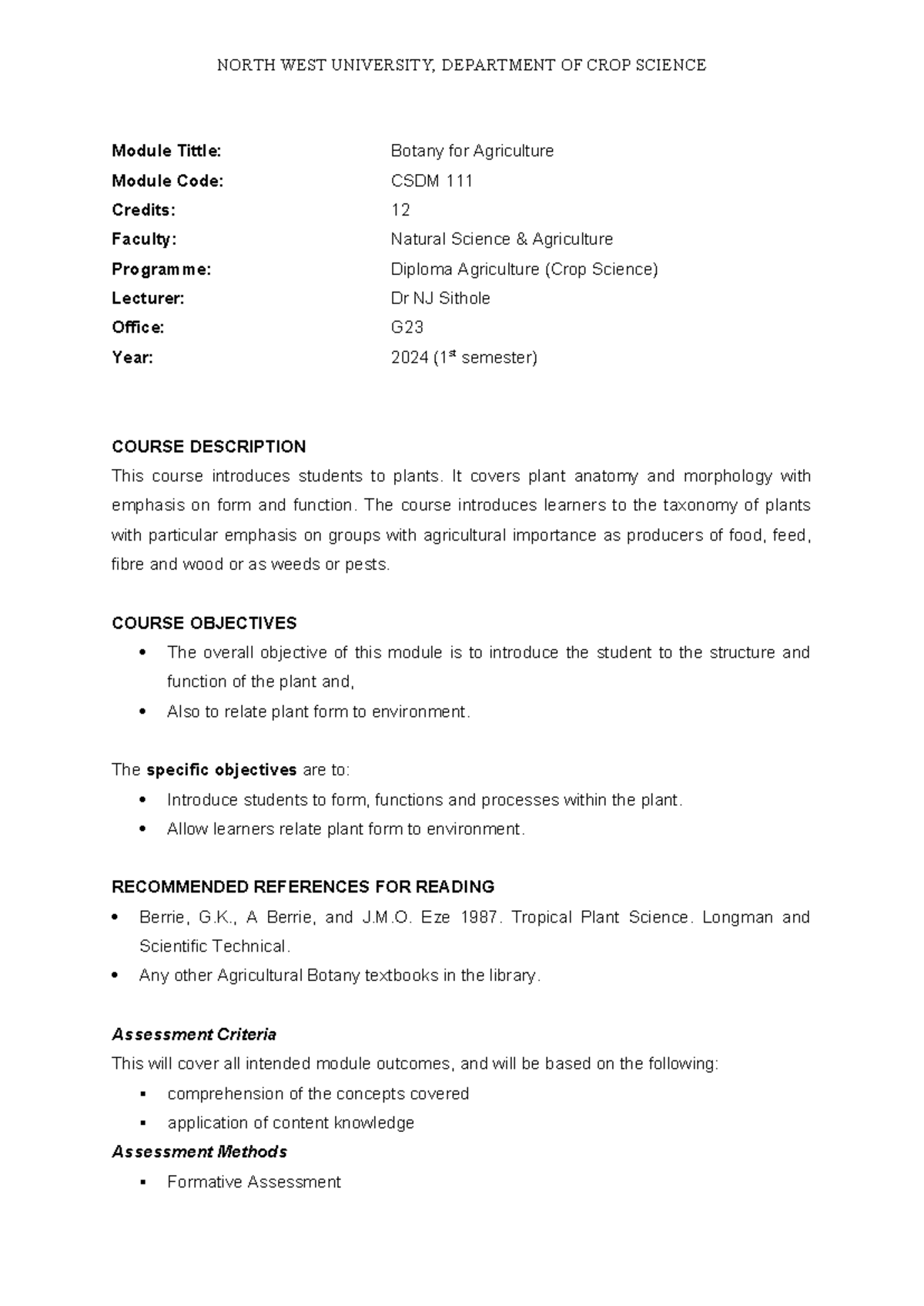 CSDM111 - Botany for Agriculture Course Outline (2024) - Studocu