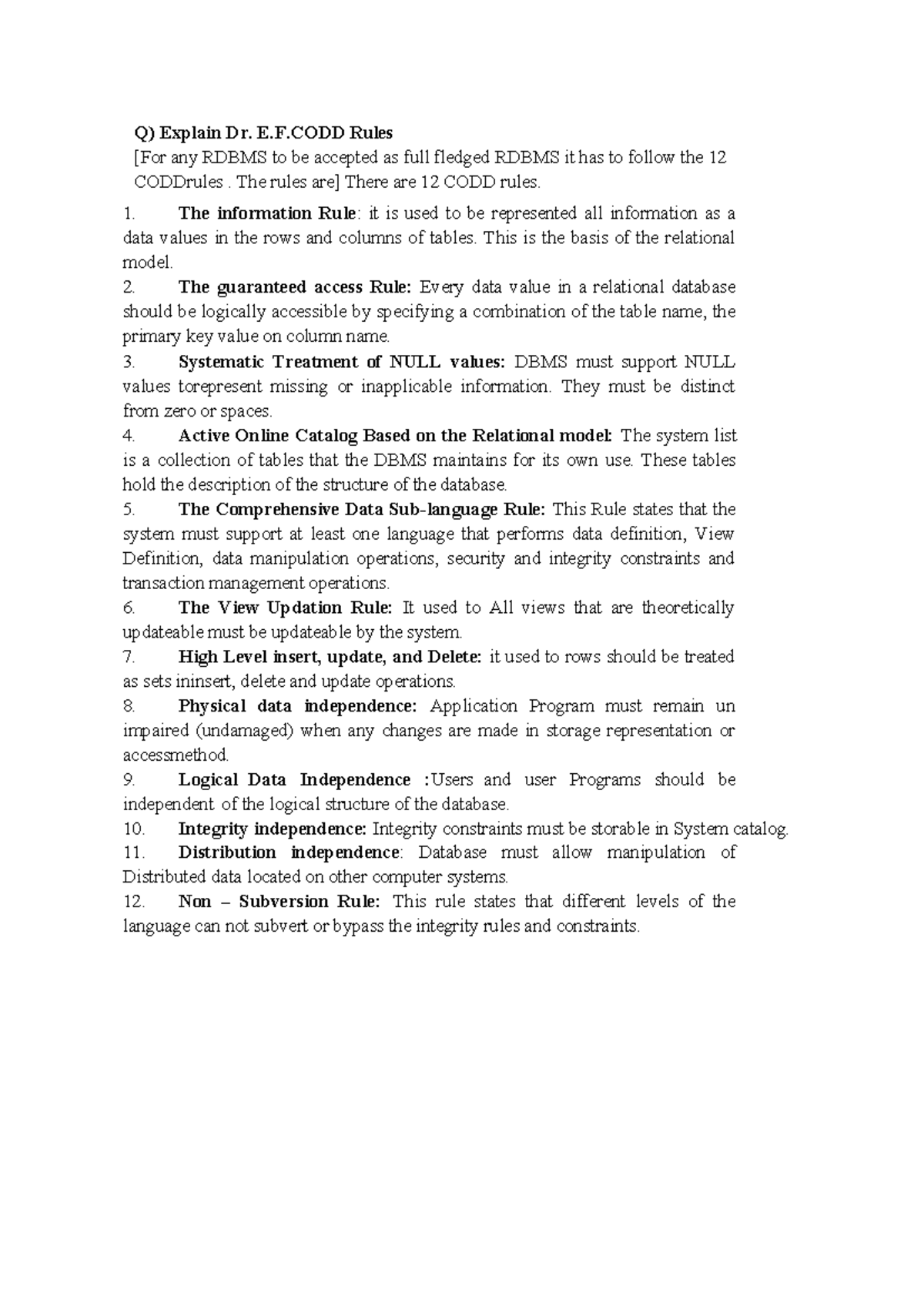 C) Understanding Dr. E.F. Codd's 12 Rules for RDBMS Compliance - Studocu