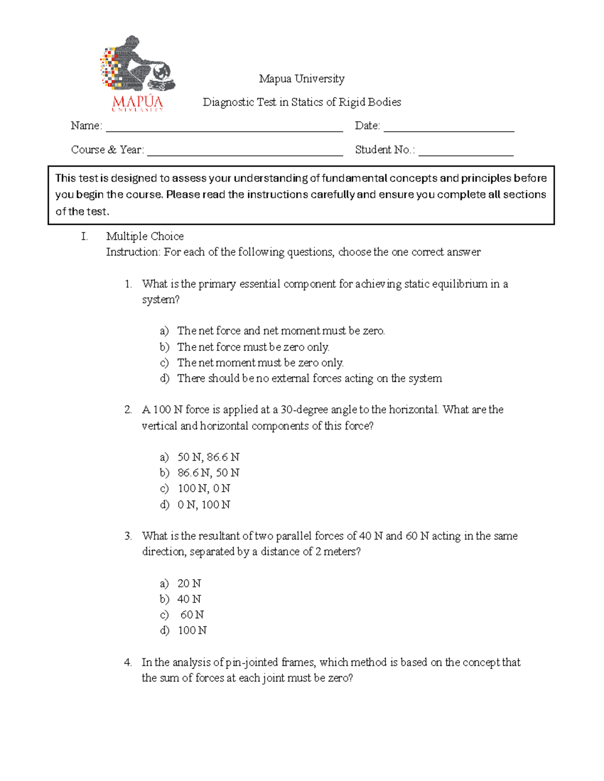 Diagnostic Test in Statics of Rigid Bodies (ENGR 101) - Studocu