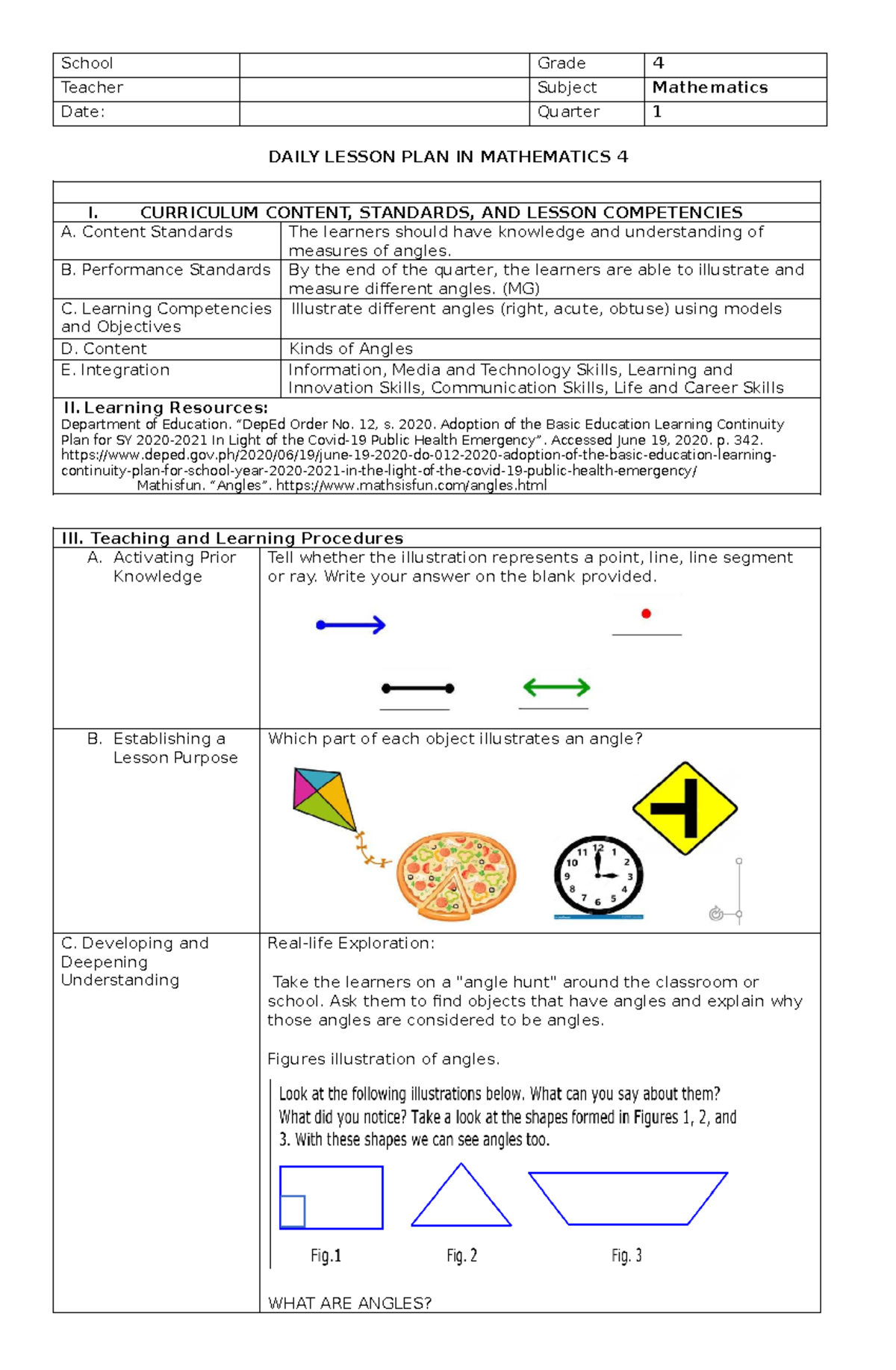 Grade 4 Mathematics Daily Lesson Plan: Understanding Angles - Studocu