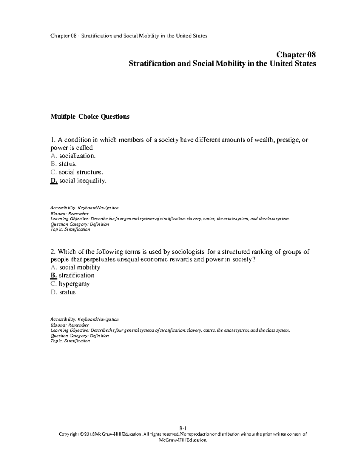 SOCS 101 Chapter 8 Stratification & Social Mobility Test Questions ...